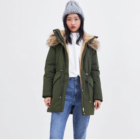 Zara | Jackets & Coats | Zara Trf Parka Fur Hood Fur Lined Army Green Sorona Dupont Insulated ...